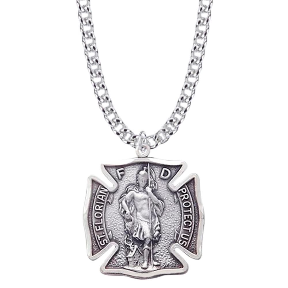 TrueFaithJewelry 1-1/8 Inch Sterling Silver St. Florian Shield Medal Pendant Necklace, Patron Saint of Firefighters, Religious Catholic Jewelry for Men