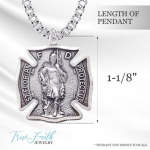 TrueFaithJewelry 1-1/8 Inch Sterling Silver St. Florian Shield Medal Pendant Necklace, Patron Saint of Firefighters, Religious Catholic Jewelry for Men