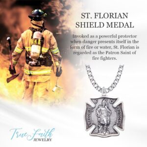 TrueFaithJewelry 1-1/8 Inch Sterling Silver St. Florian Shield Medal Pendant Necklace, Patron Saint of Firefighters, Religious Catholic Jewelry for Men