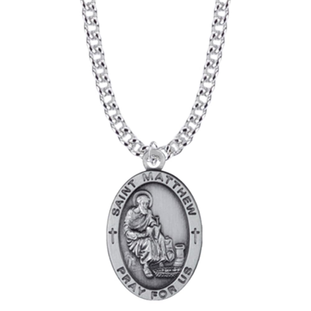 TrueFaithJewelry Sterling Silver St Matthew Medal Patron Saint Pendant Necklace Religious Jewelry, 7/8 Inch