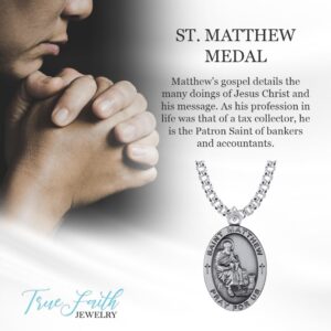 TrueFaithJewelry Sterling Silver St Matthew Medal Patron Saint Pendant Necklace Religious Jewelry, 7/8 Inch