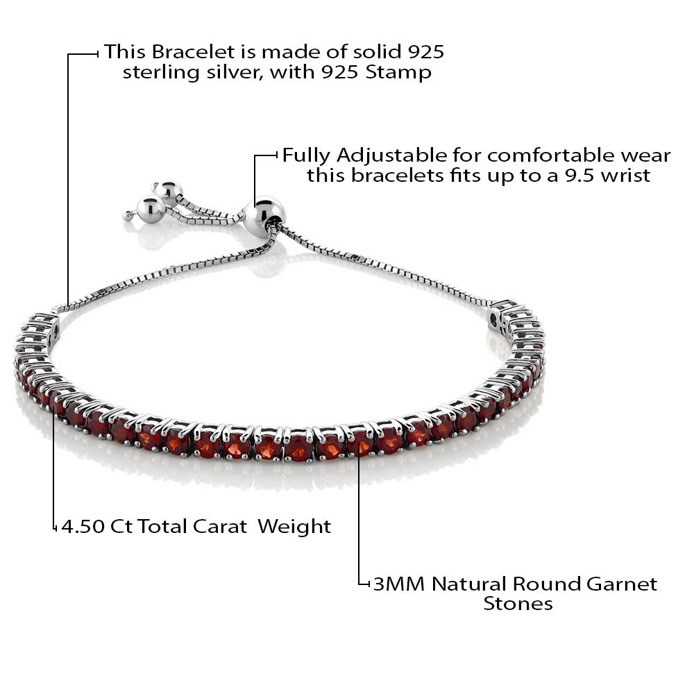 Gem Stone King 925 Sterling Silver Red Garnet Tennis Bracelet For Women | 4.50 Cttw | January Gemstone Birthstone | 3MM Round Garnet | Fully Adjustable Up to 9 Inch