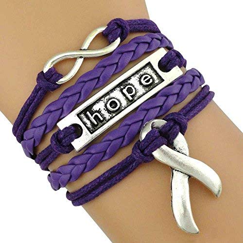 Infinity Collection - Purple Ribbon Charm Bracelet, Engraved (Where There is a Will There is a Way) HOPE Adjustable Bracelet for Women with Purple Ribbon Charm, Gift for Women - Purple