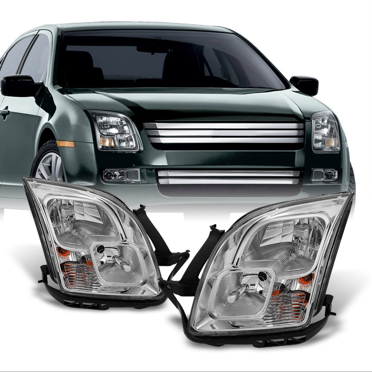 AKKON - For Ford Fusion Clear Chrome Headlights Head Lamps Driver Left + Passenger Right Side Replacement Pair