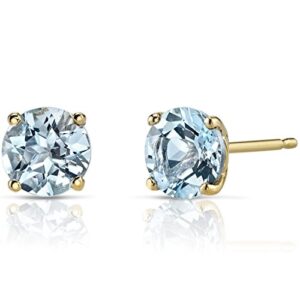 peora 14k yellow gold genuine aquamarine stud earrings for women, classic solitaire round shape, 6mm, 1.50 carats total, friction back