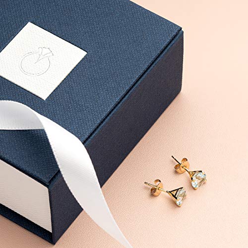 Peora 14K Yellow Gold Genuine Aquamarine Stud Earrings for Women, Classic Solitaire Round Shape, 6mm, 1.50 Carats total, Friction Back