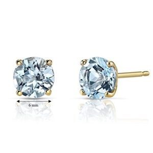 Peora 14K Yellow Gold Genuine Aquamarine Stud Earrings for Women, Classic Solitaire Round Shape, 6mm, 1.50 Carats total, Friction Back