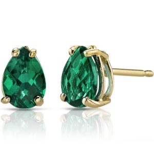 peora 14k yellow gold created emerald earrings for women, classic solitaire studs, 7x5mm pear shape, 1.250 carats total, friction back