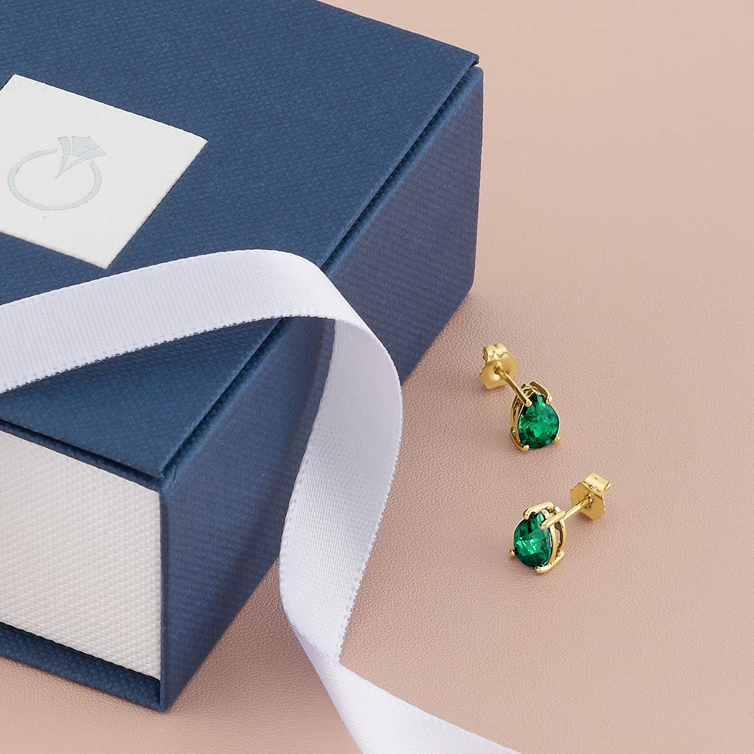 Peora 14K Yellow Gold Created Emerald Earrings for Women, Classic Solitaire Studs, 7x5mm Pear Shape, 1.250 Carats total, Friction Back