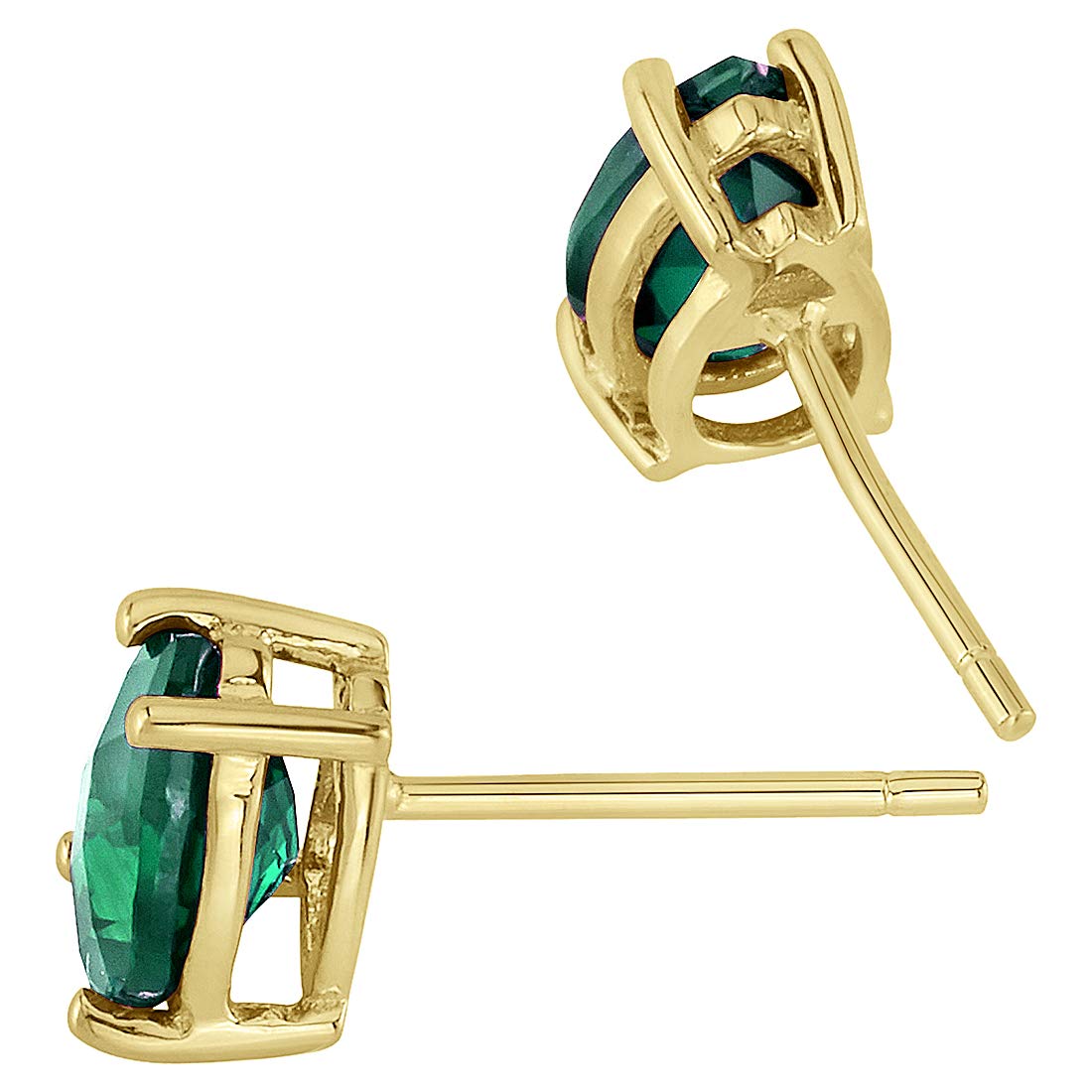 Peora 14K Yellow Gold Created Emerald Earrings for Women, Classic Solitaire Studs, 7x5mm Pear Shape, 1.250 Carats total, Friction Back