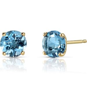 peora 14k yellow gold swiss blue topaz stud earrings for women, genuine gemstone birthstone, round shape, 6mm, 2 carats total, friction back