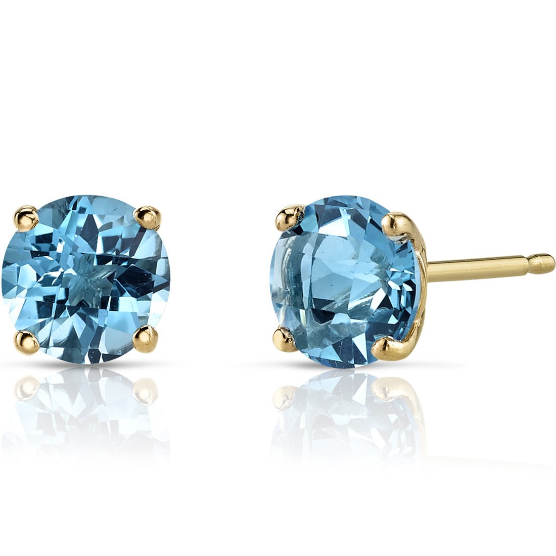 Peora 14K Yellow Gold Swiss Blue Topaz Stud Earrings for Women, Genuine Gemstone Birthstone, Round Shape, 6mm, 2 Carats total, Friction Back