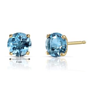 Peora 14K Yellow Gold Swiss Blue Topaz Stud Earrings for Women, Genuine Gemstone Birthstone, Round Shape, 6mm, 2 Carats total, Friction Back