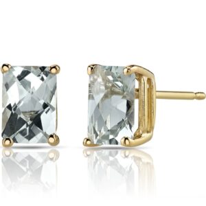 peora green amethyst earrings for women in 14 karat yellow gold, classic solitaire studs, 7x5mm radiant cut, 1.75 carats total, friction back