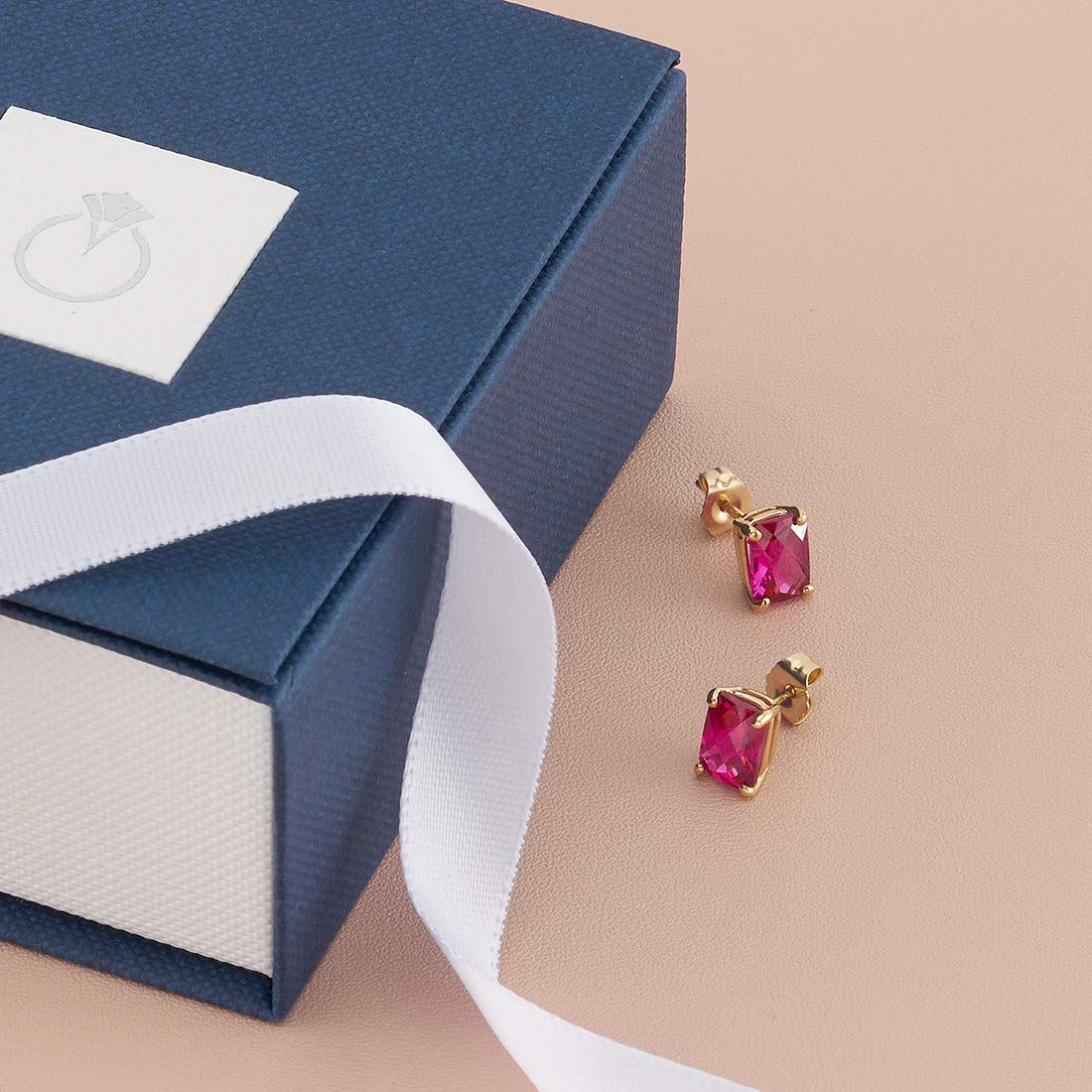 Peora Created Ruby Earrings for Women in 14 Karat Yellow Gold, Classic Solitaire Studs, 7x5mm Radiant Cut, 2.50 Carats total, Friction Back