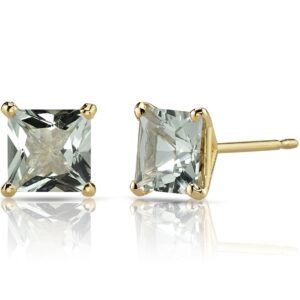 peora 14k yellow gold green amethyst stud earrings for women, genuine gemstone solitaire princess cut, 6mm, 2 carats total, friction back