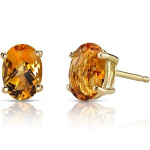 peora solid 14k yellow gold citrine earrings for women, genuine gemstone birthstone solitaire studs, 7x5mm oval shape, 1.50 carats total, hypoallergenic, friction back