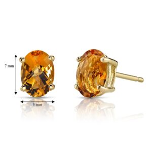 Peora Solid 14K Yellow Gold Citrine Earrings for Women, Genuine Gemstone Birthstone Solitaire Studs, 7x5mm Oval Shape, 1.50 Carats total, Hypoallergenic, Friction Back