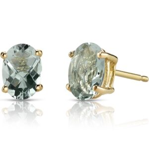 peora solid 14k yellow gold green amethyst earrings for women, genuine gemstone birthstone solitaire studs, hypoallergenic 7x5mm oval shape, 1.50 carats total, friction back