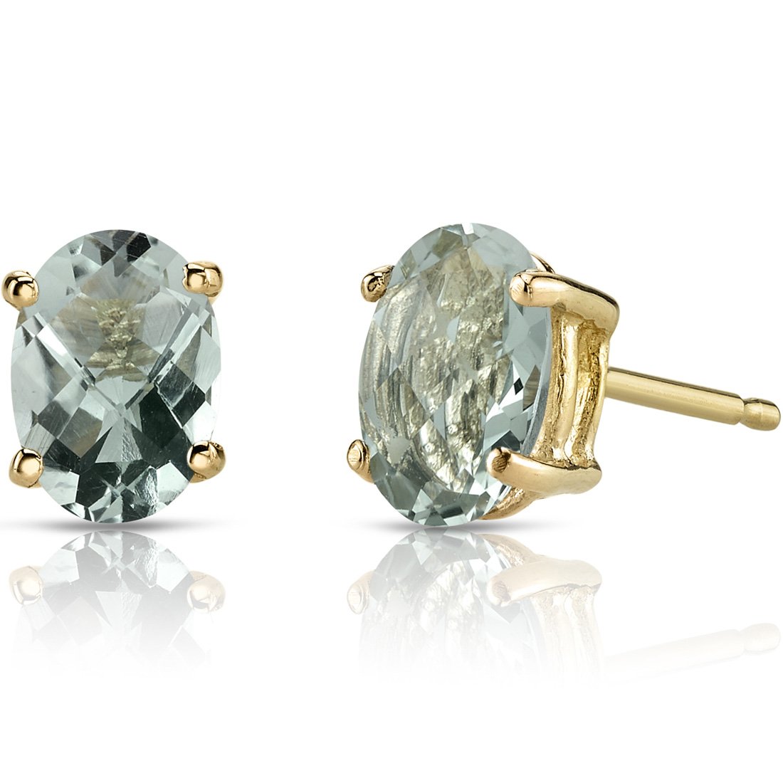 Peora Solid 14K Yellow Gold Green Amethyst Earrings for Women, Genuine Gemstone Birthstone Solitaire Studs, Hypoallergenic 7x5mm Oval Shape, 1.50 Carats total, Friction Back