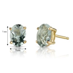 Peora Solid 14K Yellow Gold Green Amethyst Earrings for Women, Genuine Gemstone Birthstone Solitaire Studs, Hypoallergenic 7x5mm Oval Shape, 1.50 Carats total, Friction Back