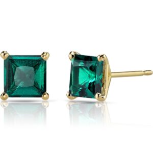 peora solid 14k yellow gold created emerald stud earrings for women, classic solitaire, hypoallergenic princess cut, 6mm, 2 carats total, friction back