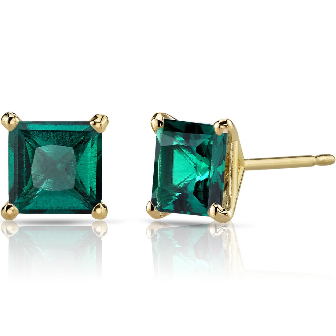 Peora Solid 14K Yellow Gold Created Emerald Stud Earrings for Women, Classic Solitaire, Hypoallergenic Princess Cut, 6mm, 2 Carats total, Friction Back