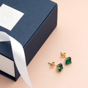 Peora Solid 14K Yellow Gold Created Emerald Stud Earrings for Women, Classic Solitaire, Hypoallergenic Princess Cut, 6mm, 2 Carats total, Friction Back