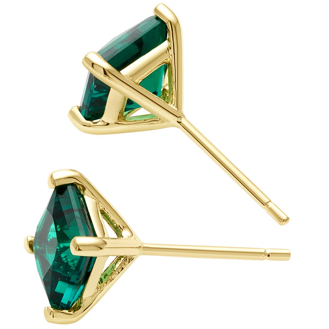 Peora Solid 14K Yellow Gold Created Emerald Stud Earrings for Women, Classic Solitaire, Hypoallergenic Princess Cut, 6mm, 2 Carats total, Friction Back