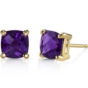 peora solid 14k yellow gold amethyst stud earrings for women, genuine gemstone birthstone classic solitaire, cushion cut 6mm, 1.75 carats total, friction back