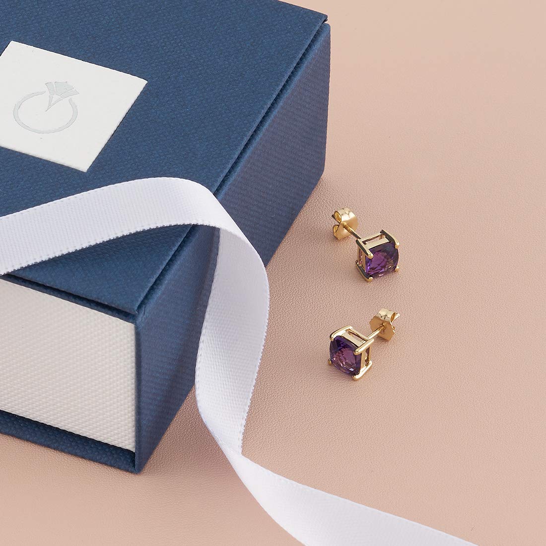 Peora Solid 14K Yellow Gold Amethyst Stud Earrings for Women, Genuine Gemstone Birthstone Classic Solitaire, Cushion Cut 6mm, 1.75 Carats total, Friction Back