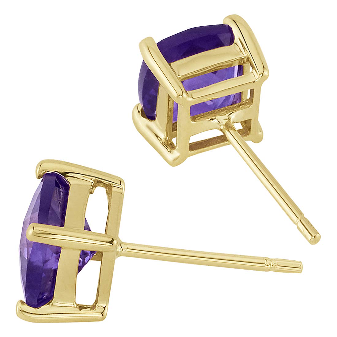 Peora Solid 14K Yellow Gold Amethyst Stud Earrings for Women, Genuine Gemstone Birthstone Classic Solitaire, Cushion Cut 6mm, 1.75 Carats total, Friction Back