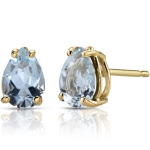 peora 14k yellow gold aquamarine earrings for women, genuine gemstone solitaire studs, 7x5mm pear shape, 1 carat total, friction back