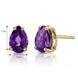 Peora 14K Yellow Gold Amethyst Earrings for Women, Genuine Gemstone Birthstone Solitaire Studs, 7x5mm Pear Shape, 1 Carat total, Friction Back