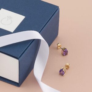 Peora 14K Yellow Gold Amethyst Earrings for Women, Genuine Gemstone Birthstone Solitaire Studs, 7x5mm Pear Shape, 1 Carat total, Friction Back