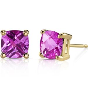 peora solid 14k yellow gold created pink sapphire stud earrings for women, classic solitaire, hypoallergenic cushion cut 6mm, 2.50 carats total, friction back