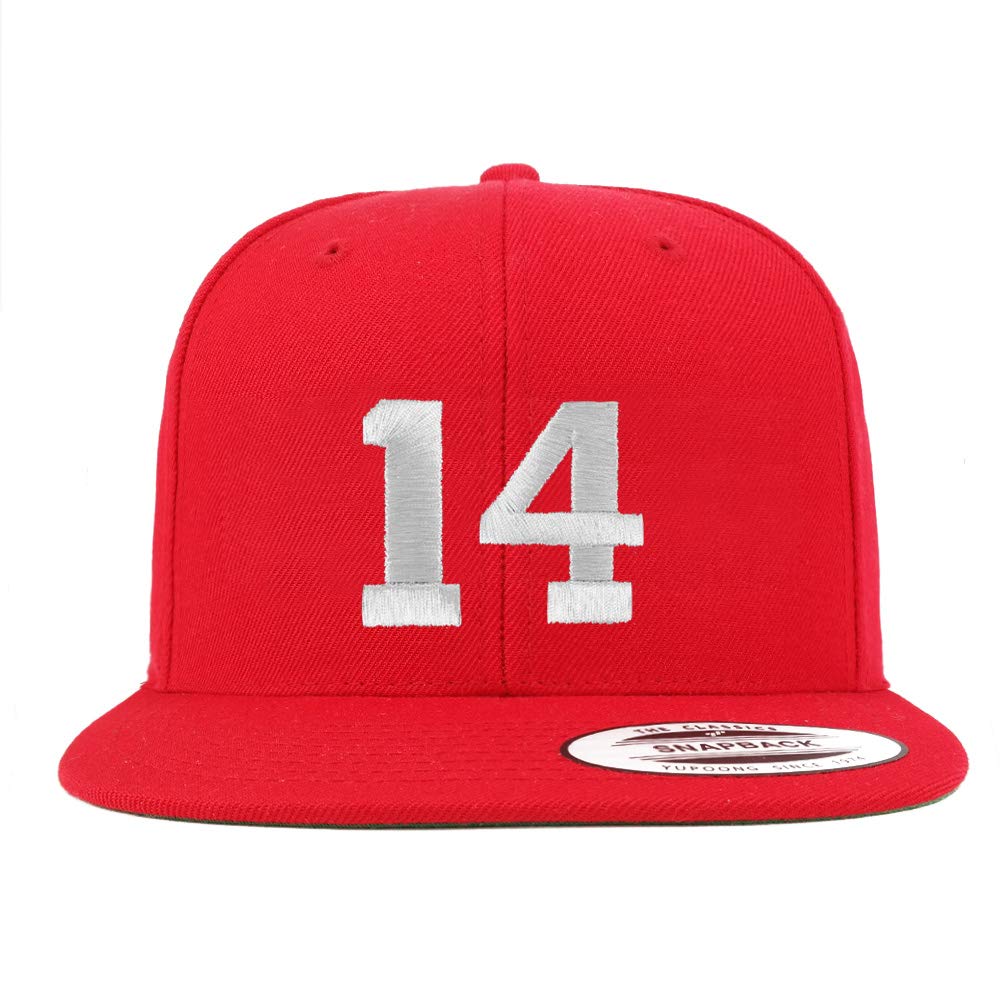 Trendy Apparel Shop Number 14 White Thread Embroidered Flat Bill Snapback Baseball Cap - Red