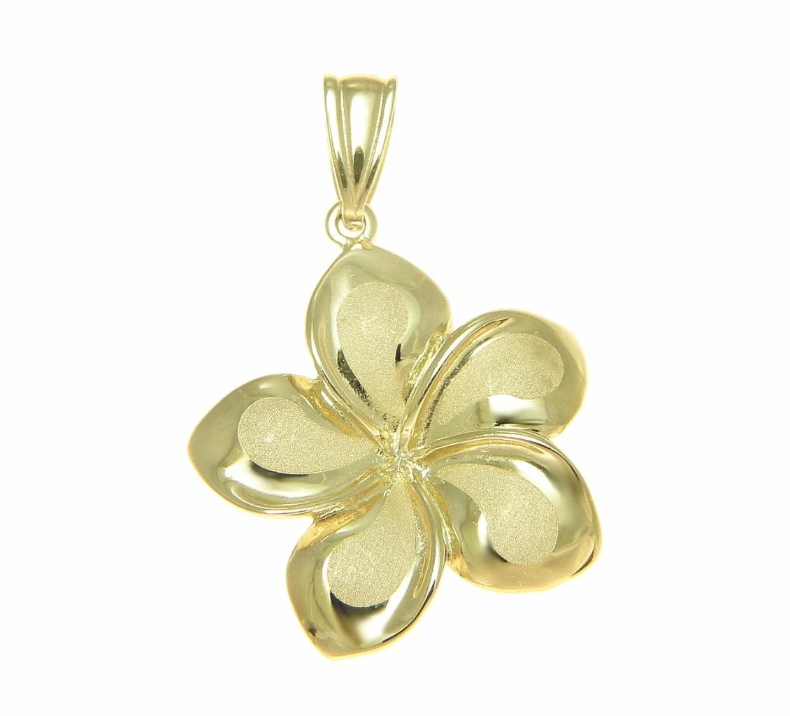 Arthur's Jewelry 14k Solid yellow gold 19mm Hawaiian plumeria flower charm pendant