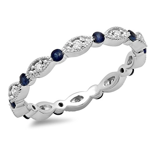 Dazzlingrock Collection 10K Round Blue Sapphire And White Diamond Ladies Wedding Eternity Stackable Band, White Gold, Size 5.5