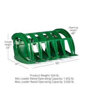 Titan Attachments 60" HD Root Grapple Rake Attachment Fits John Deere Hook and Pin Connection, Recommended for Series 2, 3, and 4 Tractors, Twin 3,000 PSI Cylinders, Carry Rocks, Logs, Brush, Debris