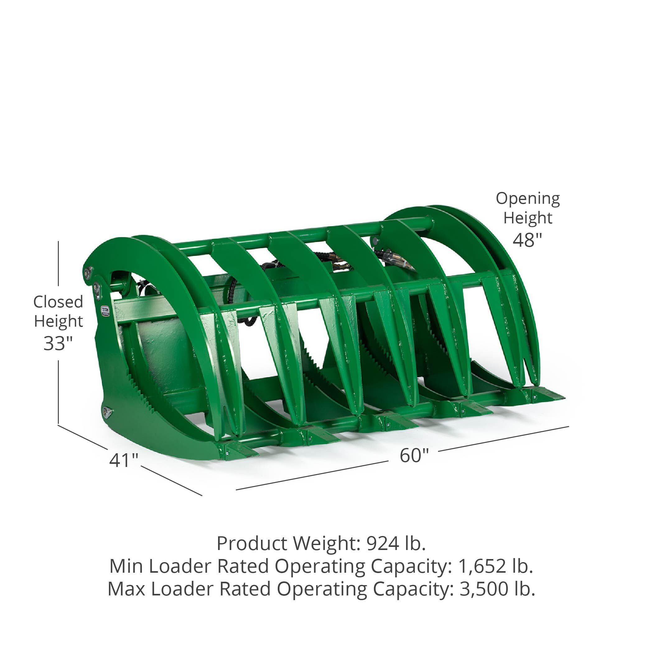 Titan Attachments 60" HD Root Grapple Rake Attachment Fits John Deere Hook and Pin Connection, Recommended for Series 2, 3, and 4 Tractors, Twin 3,000 PSI Cylinders, Carry Rocks, Logs, Brush, Debris