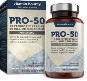 vitamin bounty pro-50 probiotic - 50 billion organisms and 13 probiotic strains that promote gut health, digestive health probiotic, delayed release capsule with prebiotic greens - 60 capsules