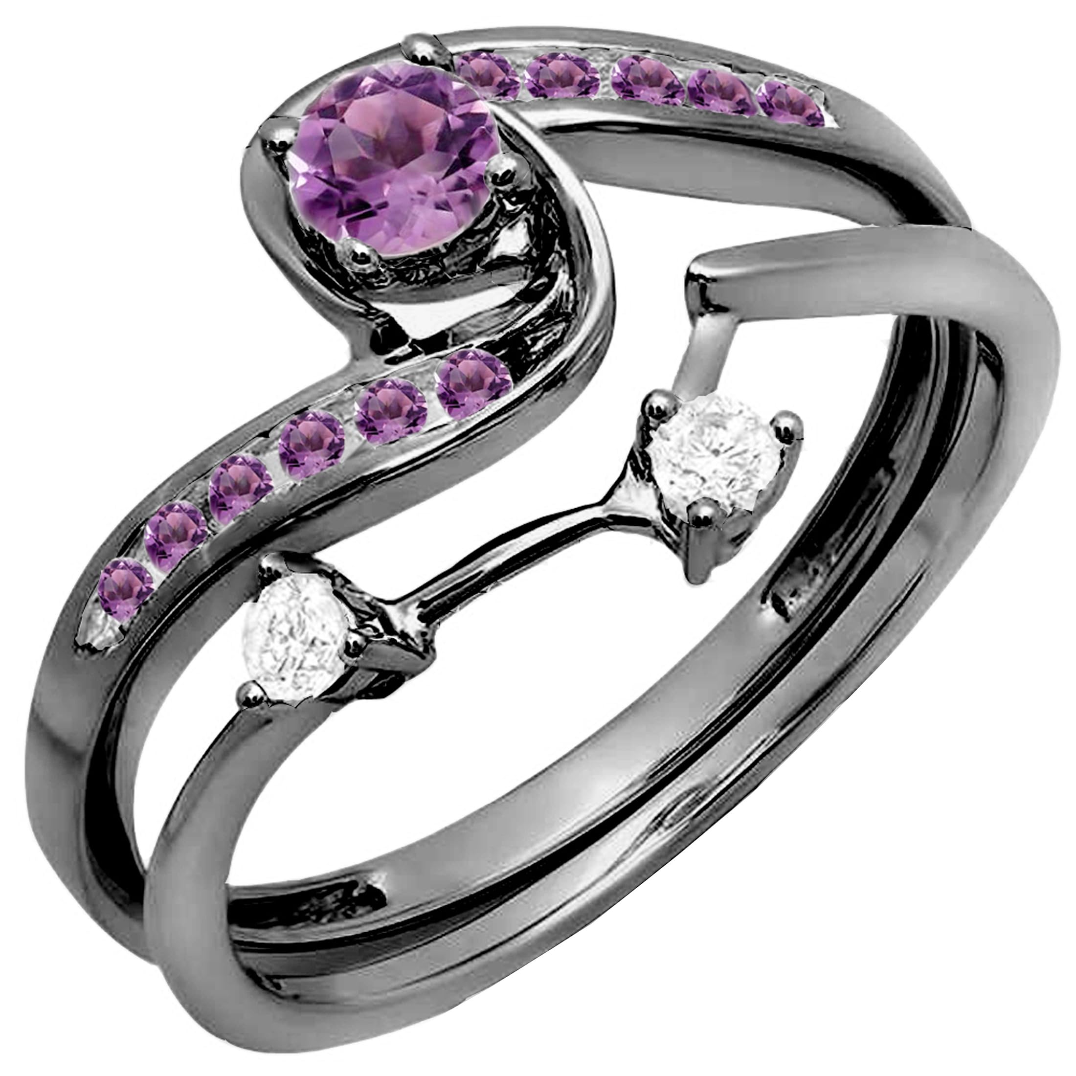 Dazzlingrock Collection Round Amethyst And White Diamond Swirl Bypass Wedding Ring Set for Women Black Plated in 10K White Gold Size 7