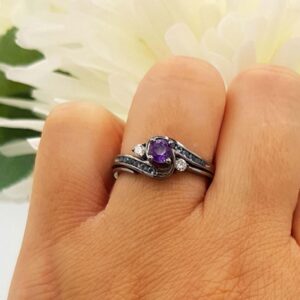 Dazzlingrock Collection Round Amethyst And White Diamond Swirl Bypass Wedding Ring Set for Women Black Plated in 10K White Gold Size 7