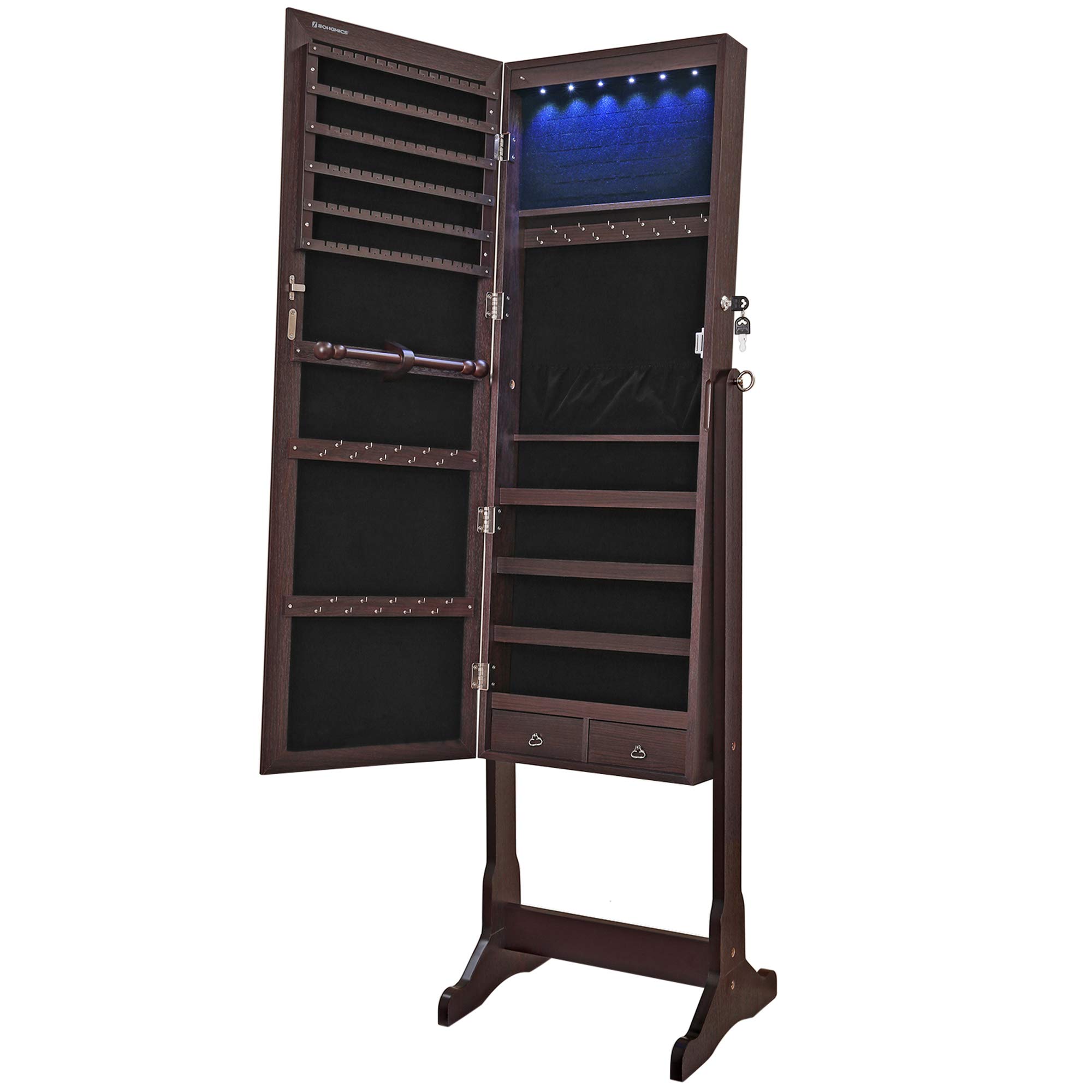 SONGMICS Jewelry Cabinet with 6 LED Lights, Lockable Mirrored Jewelry Armoire Organizer, 2 Drawers, Brown UJJC94K