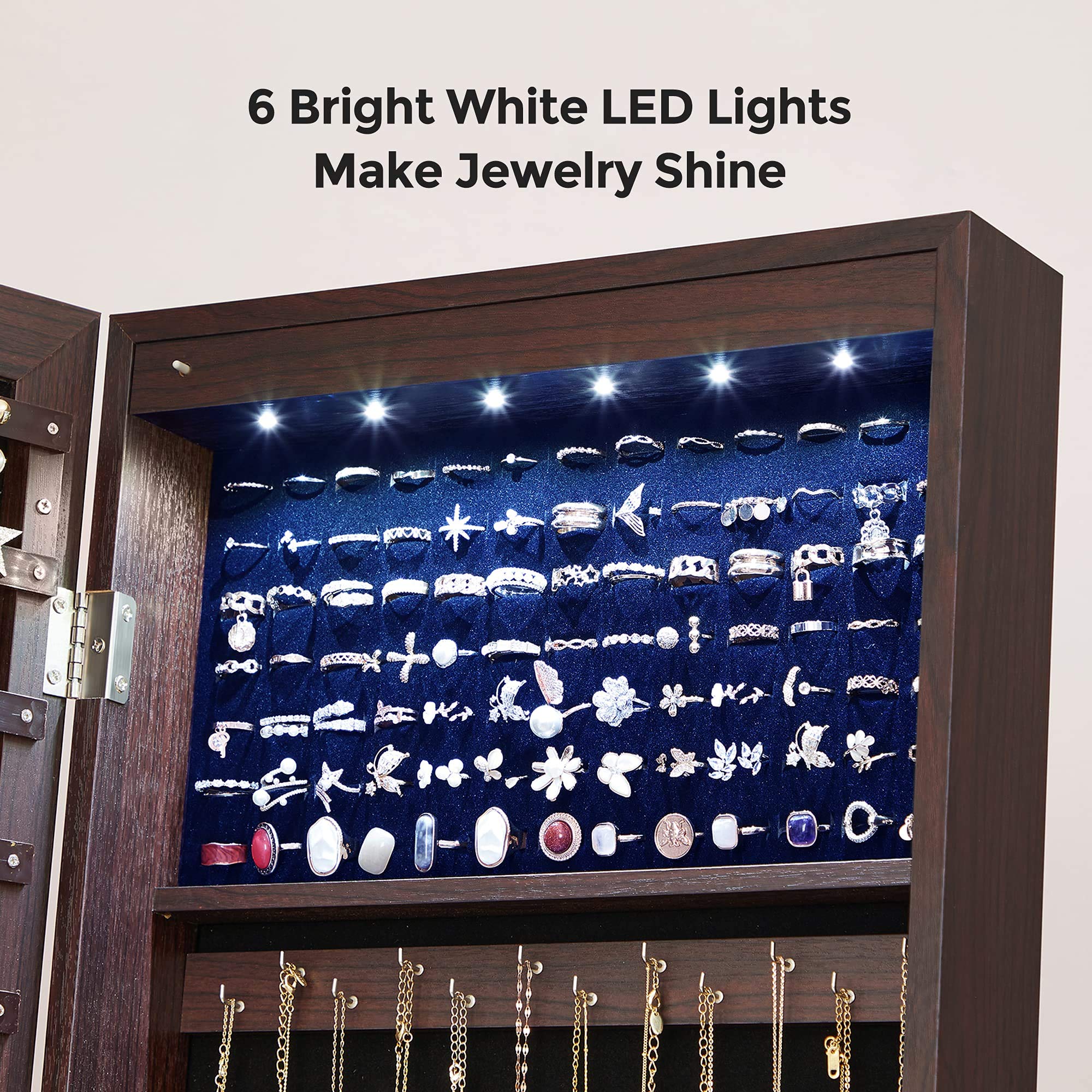 SONGMICS Jewelry Cabinet with 6 LED Lights, Lockable Mirrored Jewelry Armoire Organizer, 2 Drawers, Brown UJJC94K