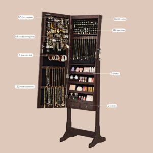 SONGMICS Jewelry Cabinet with 6 LED Lights, Lockable Mirrored Jewelry Armoire Organizer, 2 Drawers, Brown UJJC94K