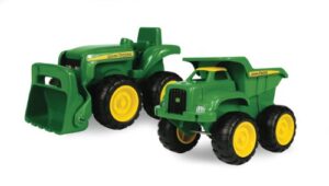 john deere sandbox toys - includes dump truck toy and tractor toy with loader, kids outdoor toys - easter gifts for kids, frustration free packaging ,green, ages 18 months and up, 2 count ( pack of 1)