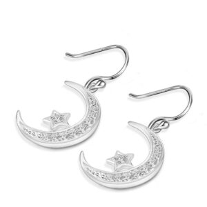 Sterling Silver Round Cubic Zirconia Crescent Moon & Star Dangle Earrings Star Jewelry for Women Mom