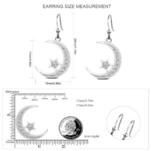 Sterling Silver Round Cubic Zirconia Crescent Moon & Star Dangle Earrings Star Jewelry for Women Mom